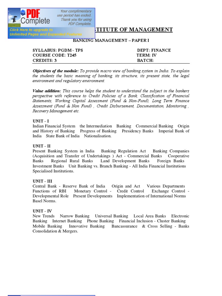 Banking Management Course Syllabus | PDF | Banks | Taxes