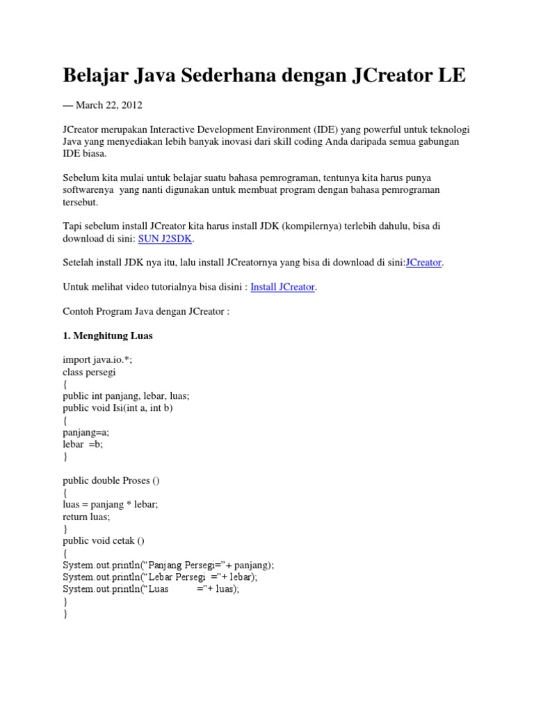 Belajar Java Sederhana Dengan JCreator | PDF