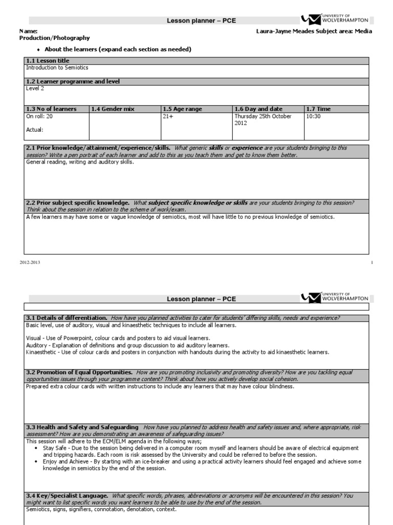 PCE Lesson Plan 23.10.2012 | PDF | Educational Assessment | Lesson