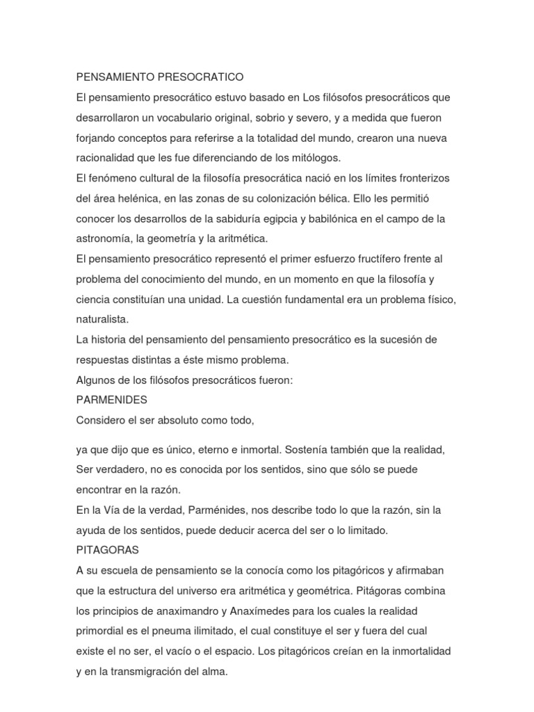 Pensamiento Presocratico | PDF | Pitágoras | Conocimiento