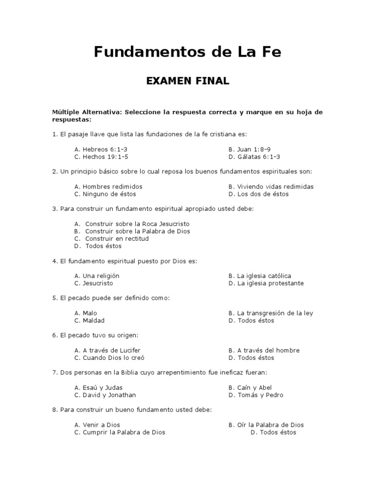 Examen Final Fundamentos de La Fe | PDF | Bautismo | La resurrección de ...