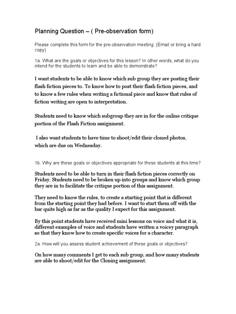 Planning Question - (Pre-Observation Form) | PDF | Educational ...