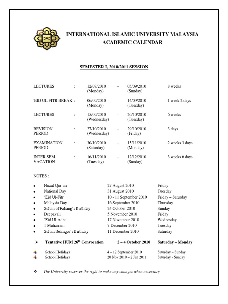 IIUM Academic Calendar 2010/2011 | PDF