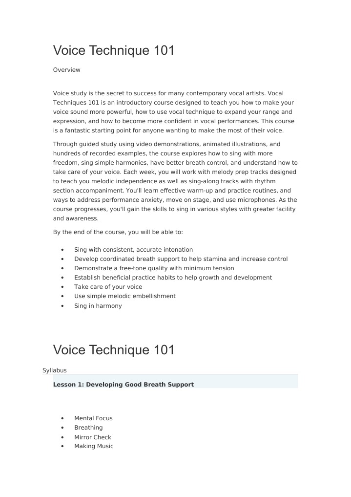 Voice Technique 101: Lesson 1: Developing Good Breath Support | PDF ...