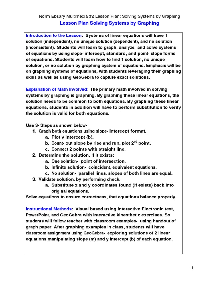 Lesson Plan Solving Systems by Graphing | PDF | Homework | Equations