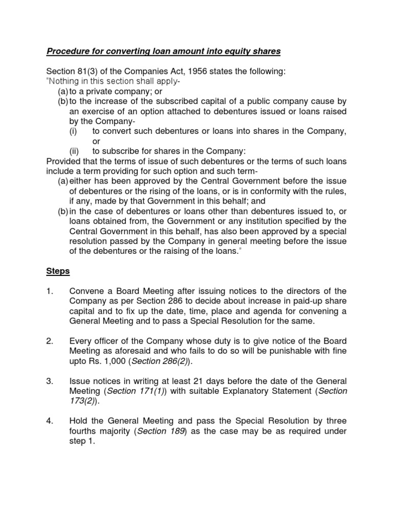 Note-Procedure For Conversion of Loan Amount Into Equity Shares | PDF ...
