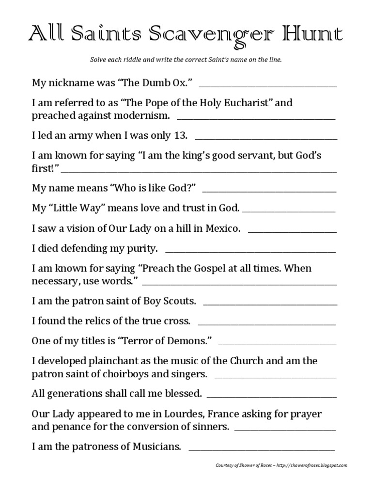 All Saints Scavenger Hunt | PDF | Saint | Ancient Mediterranean Religions