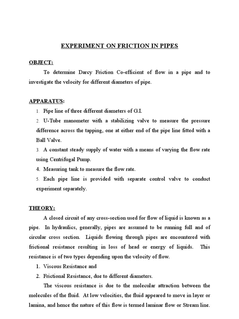 Experiment On Friction in Pipes | PDF | Reynolds Number | Laminar Flow