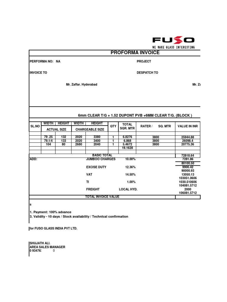 Proforma Invoice for Glass Sales | PDF