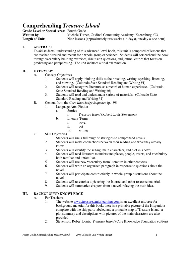 Navigating Treasure Island: A Unit to Develop Comprehension of Robert ...