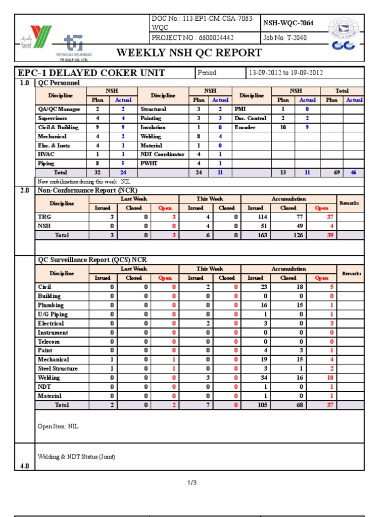 Weekly QC Report - 02 (24!09!12)Revised | Welding | Industrial ...