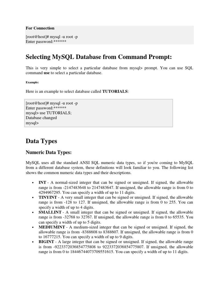 Selecting Mysql Database From Command Prompt Numeric Data Types Pdf Database Index 8291