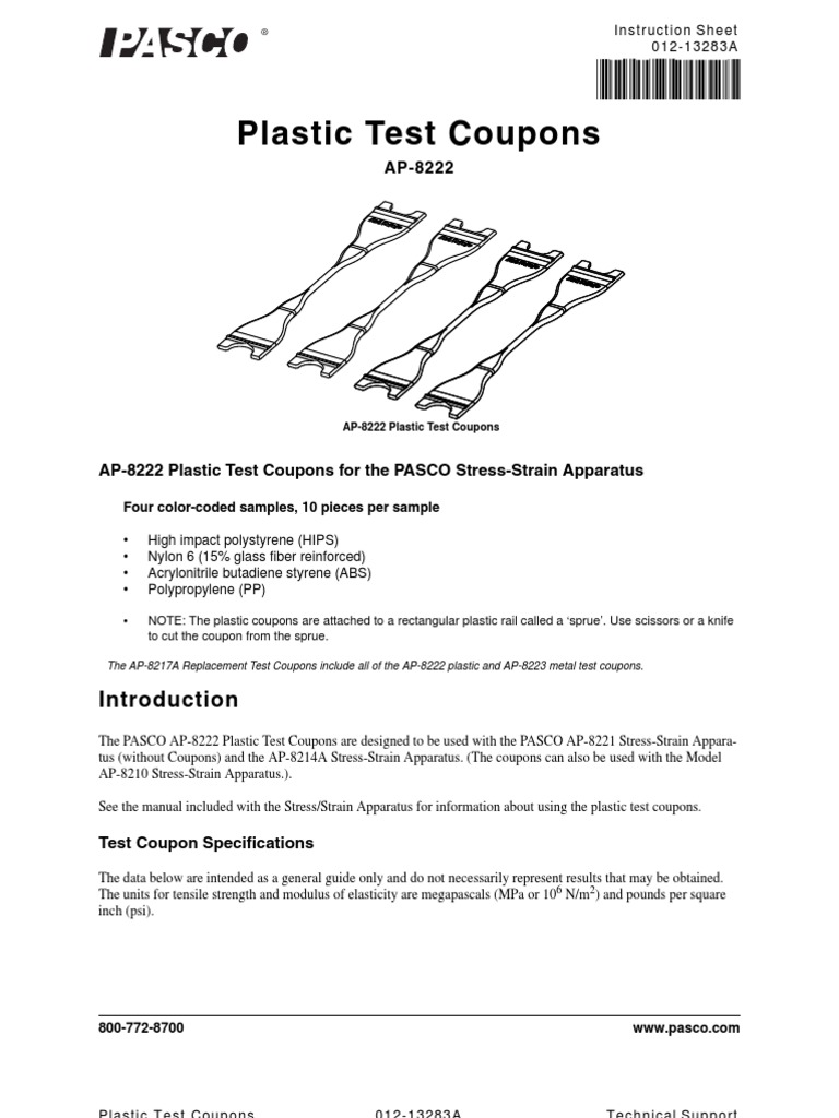 Stress Strain Coupons Plastic Instruction Sheet AP 8222 | PDF | Ultimate Tensile Strength | Plastic