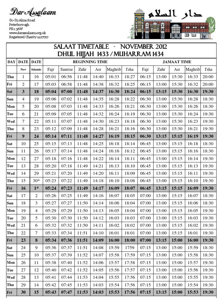 November 2012 Islamic Prayer Timetable | PDF