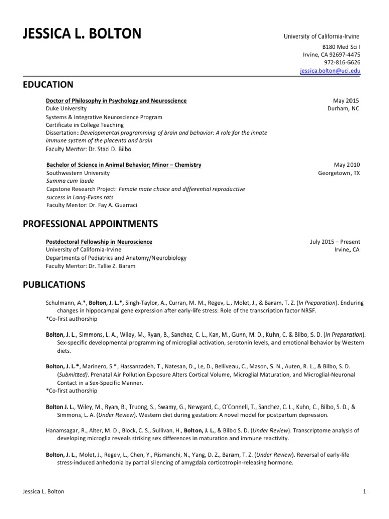 CV - Jessica Bolton | PDF | Duke University | Sexual Dimorphism