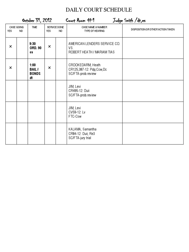 Daily Court Schedule October 31, 2012 Court Room #1 Judge Smith /DT, Es ...