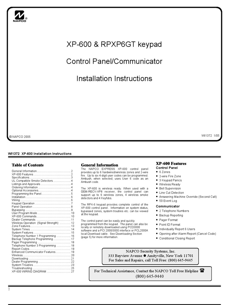 Napco XP-600 | PDF | Telephone Number | Telephone