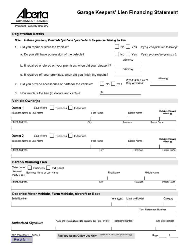 Garage Keepers' Lien Form 9 Guide | PDF