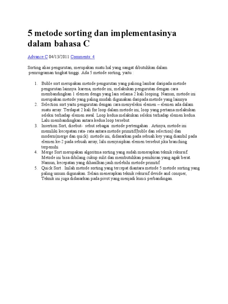 5 Metode Sorting Dan Implementasinya Dalam Bahasa | PDF | Sains & Matematika | Komputer