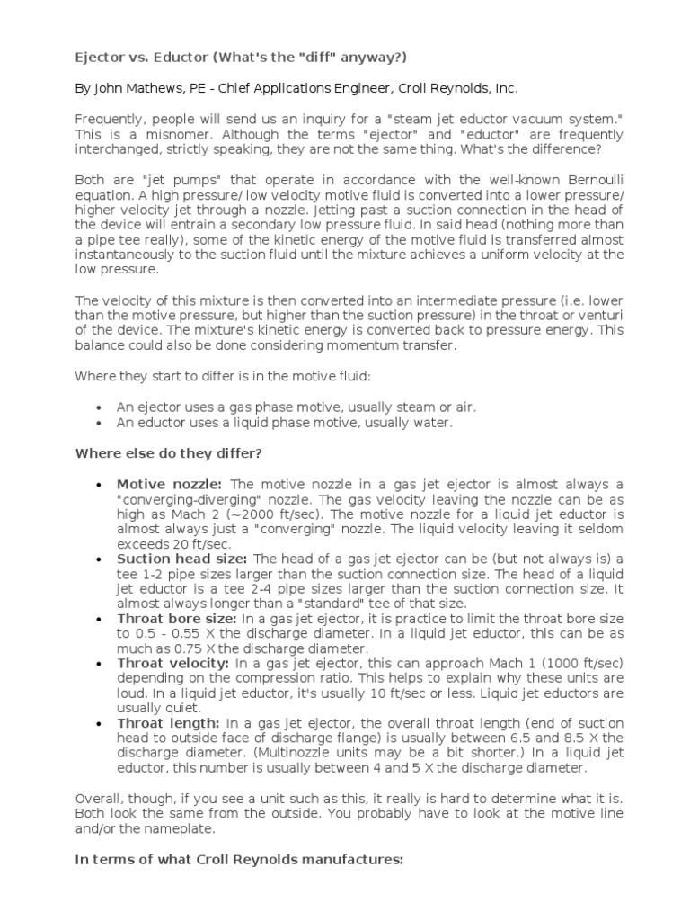 Ejector Vs Eductor | PDF | Jet Engine | Nozzle