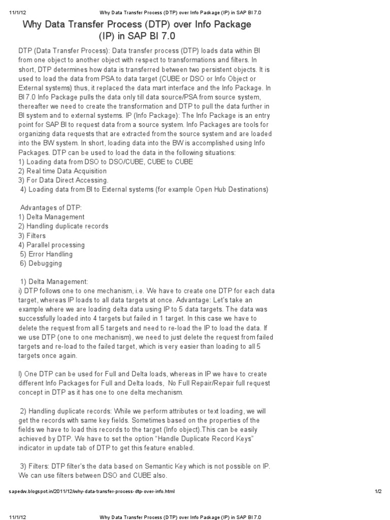 Why Data Transfer Process (DTP) Over Info Package (IP) in SAP BI 7 | PDF | Debugging | Parallel ...