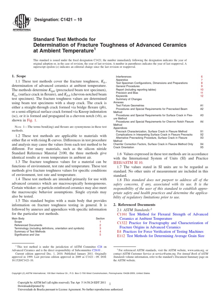 ASTM C1421 - 10 Standard Methods For Determination of Toughness of Ceramics | PDF | Grinding ...