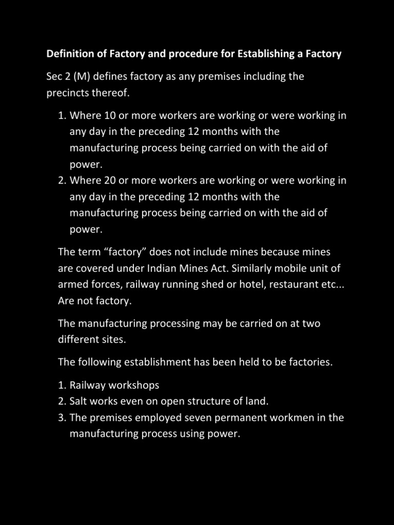 Definition of Factory and Procedure for Establishing a Factory | Human ...