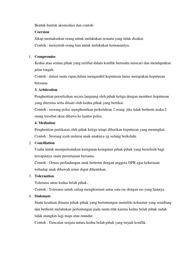 Bentuk & Contoh Akomodasi | PDF | Politik | Ilmu Sosial