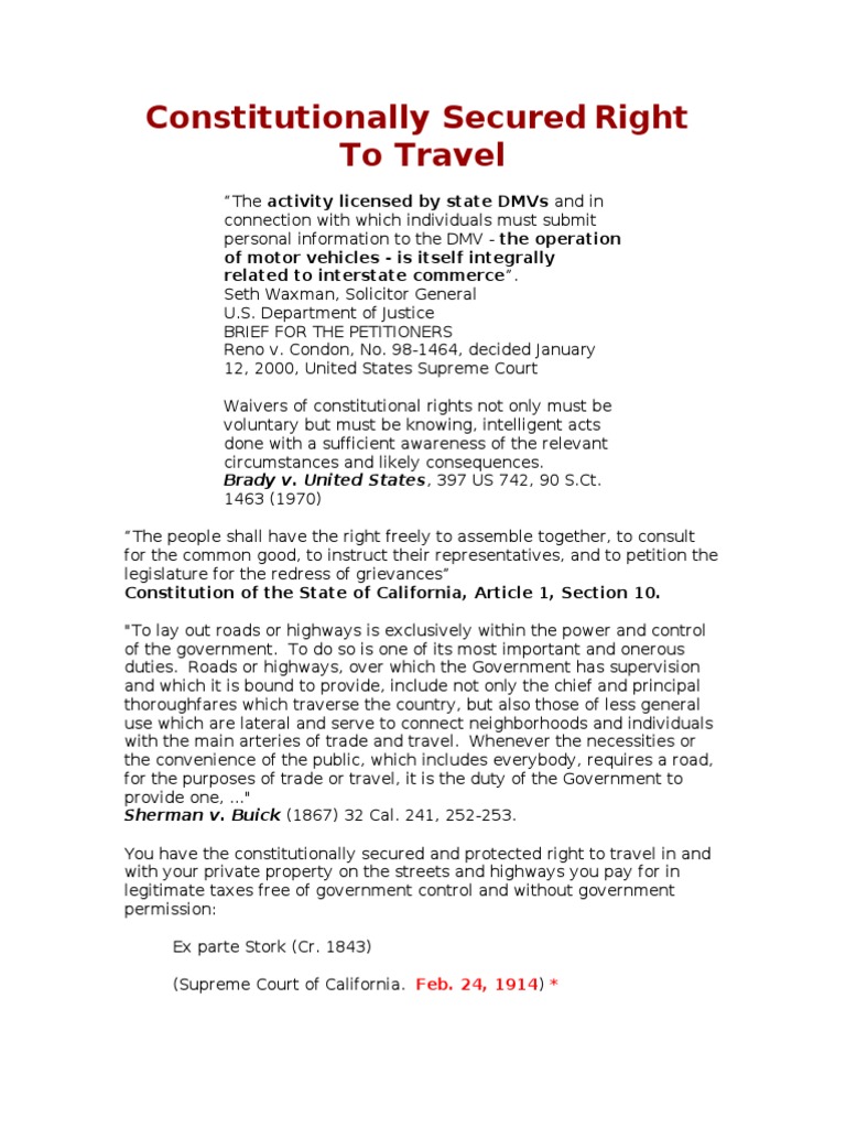 Constitutionally Secured Right to Travel | PDF | Legal Personality ...