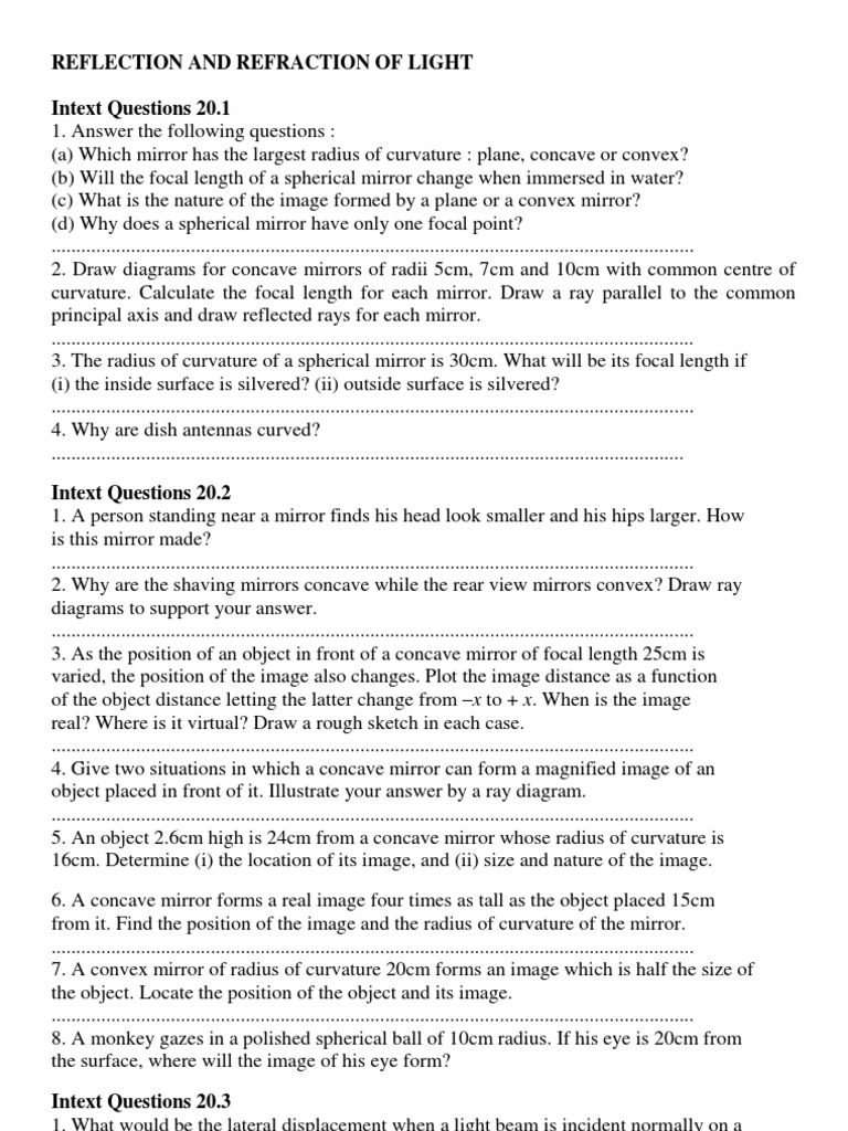 Reflection and Refraction of Light Numericals and Questions | PDF ...