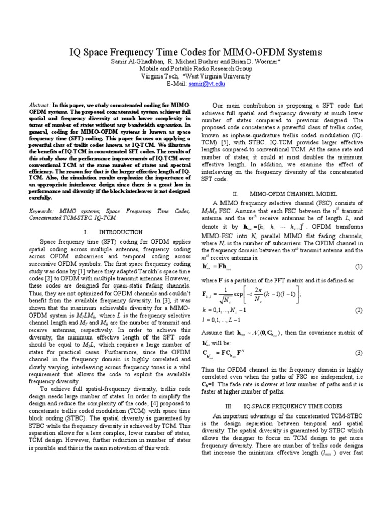 IQ Space Frequency Time Codes For MIMO-OFDM Systems: Samir@vt - Edu | PDF | Orthogonal Frequency ...