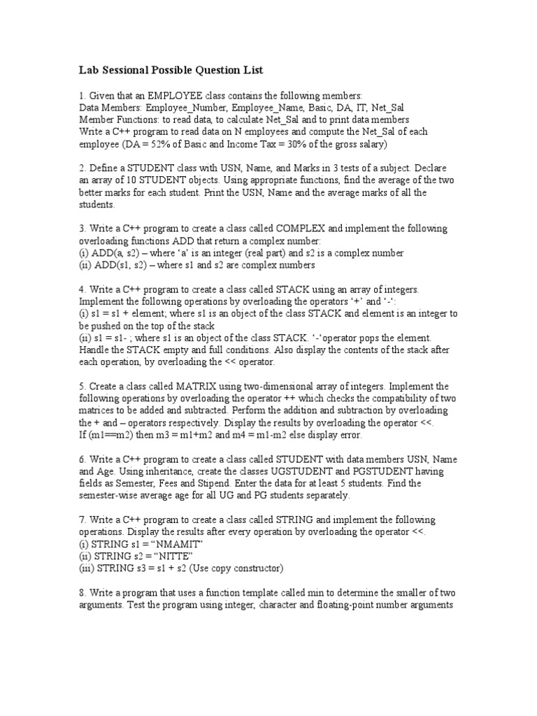 Lab Sessional Possible Question List | PDF | Inheritance (Object Oriented Programming) | Matrix ...