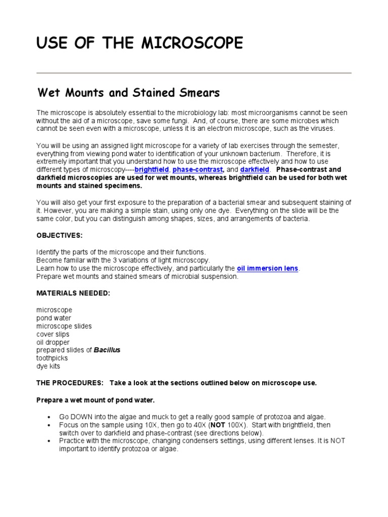 Use of The Microscope: Wet Mounts and Stained Smears | PDF | Lens ...