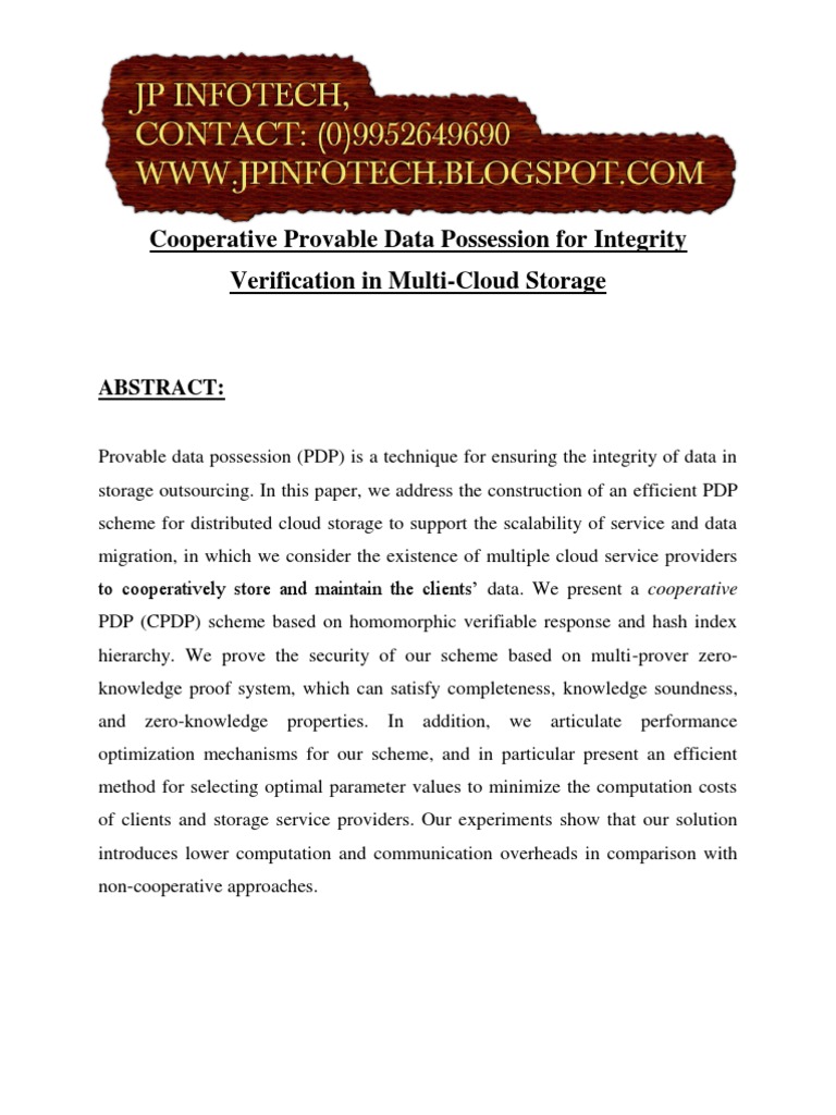 Cooperative Provable Data Possession For Integrity Verification in Multi-Cloud Storage | PDF ...