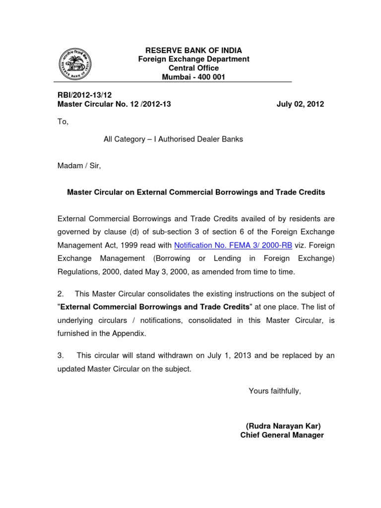 RBI Circular On External Commercial Borrowings (ECB) | PDF | Banks ...