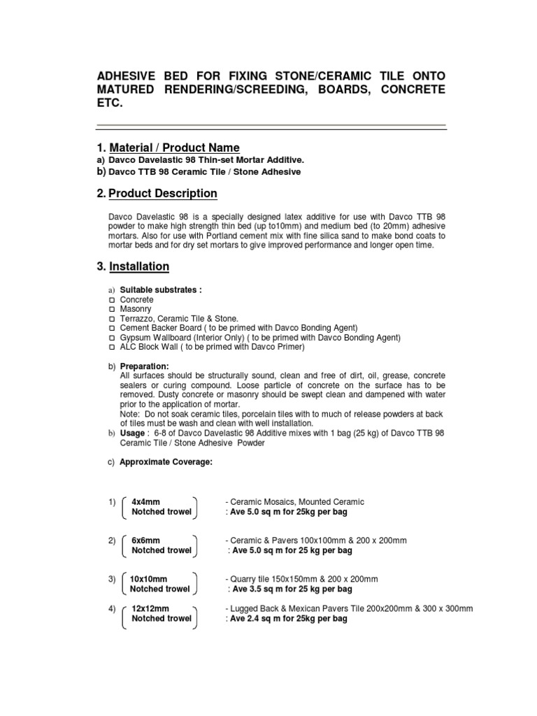 Davelastic 98 + TTB 98 PDF | PDF | Mortar (Masonry) | Adhesive