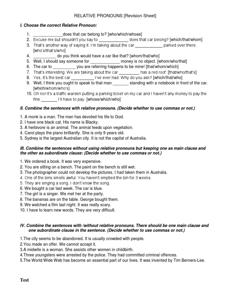 RELATIVE PRONOUNS (Revision Sheet) | PDF | Sentence (Linguistics) | Grammar
