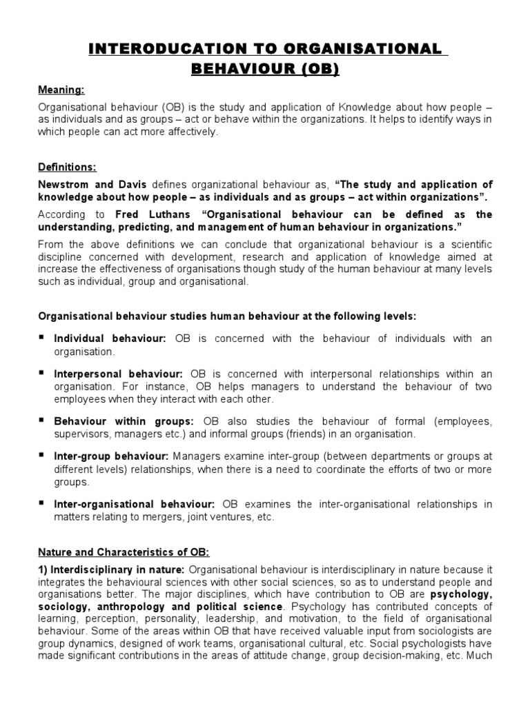 Chapter 1 (Introduction of OB) | PDF | Organizational Behavior | Turnover (Employment)