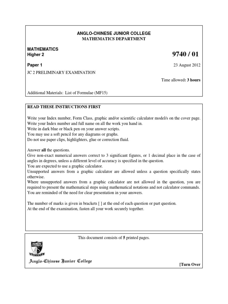 ACJC JC2 H2 Maths 2012 Year End Exam Question Paper 1 | PDF | Function ...