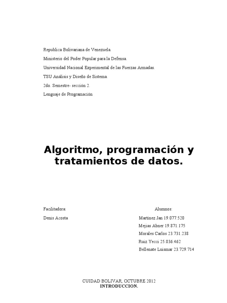 Algoritmo, Programacion y Tratamiento de Datos | PDF | Lenguaje de programación | Programación ...