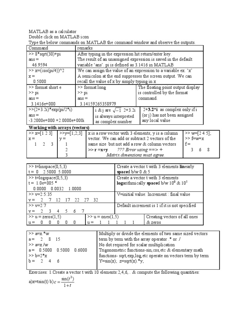 MATLAB As A Calculator | Download Free PDF | Matlab | Matrix (Mathematics)