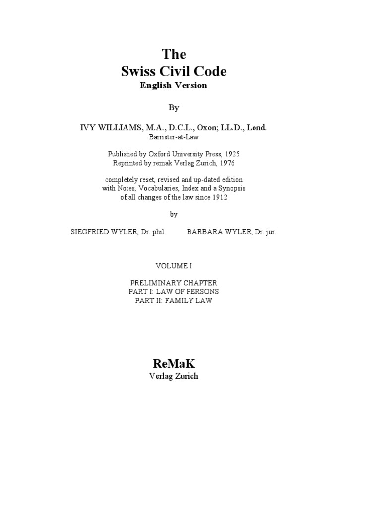 The Swiss Civil Code in English | PDF | Legal Personality | Constitution