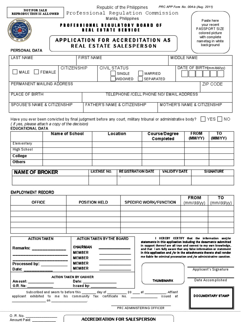 Application Form For Real Estate Salesperson1 | Download Free PDF ...