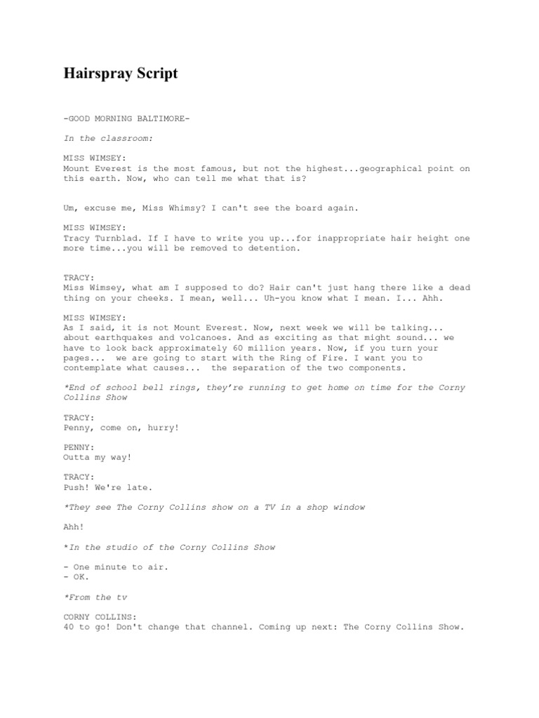 Hairspray Script | PDF | Mystery, Thriller & Crime Fiction