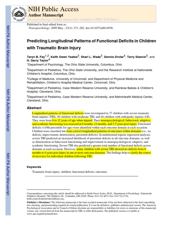Brain Injury - Predicting Longitudinal Patterns of Functional Deficits ...