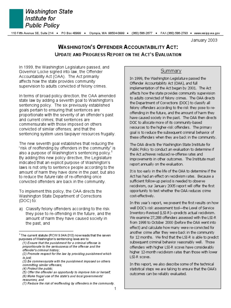 Washington's Offender Accountability Act: Update and Progress Report On ...