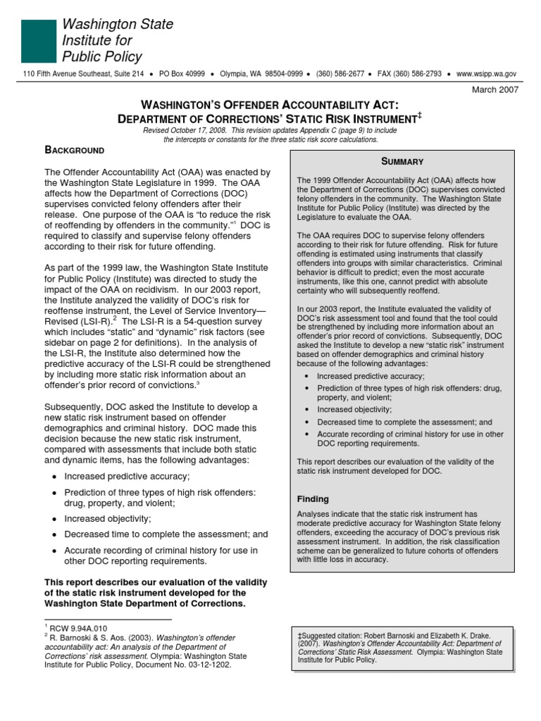 Washington DOC Static Risk Tool Evaluation | PDF | Recidivism | Felony