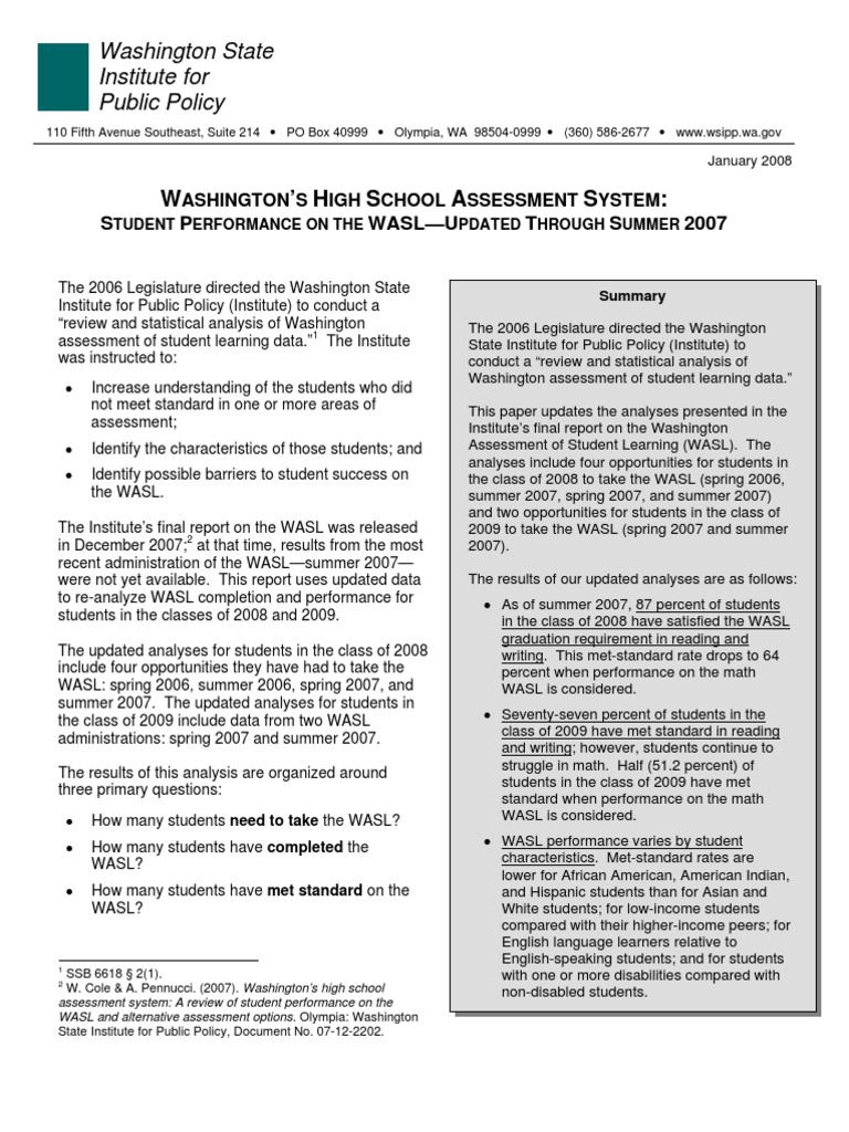 Washington's High School Assessment System: Student Performance On The ...
