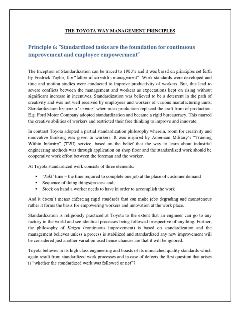 Toyota Way: Principles of Standardization | PDF | Employment ...