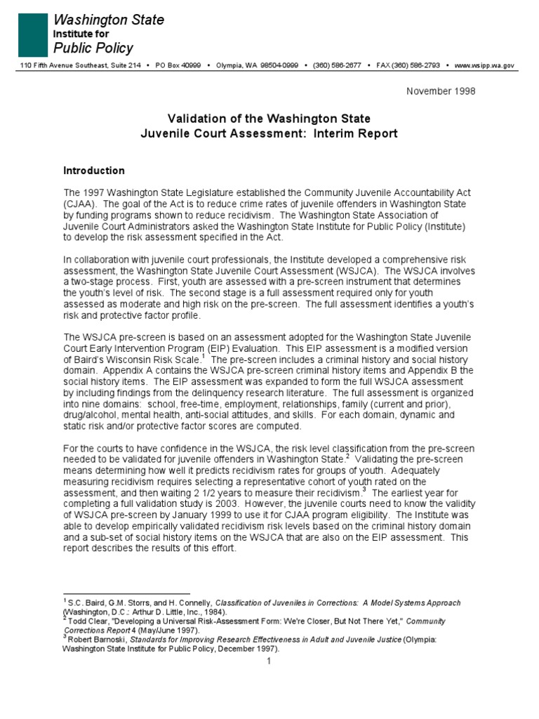 Validation of The Washington State Juvenile Court Assessment: Interim ...